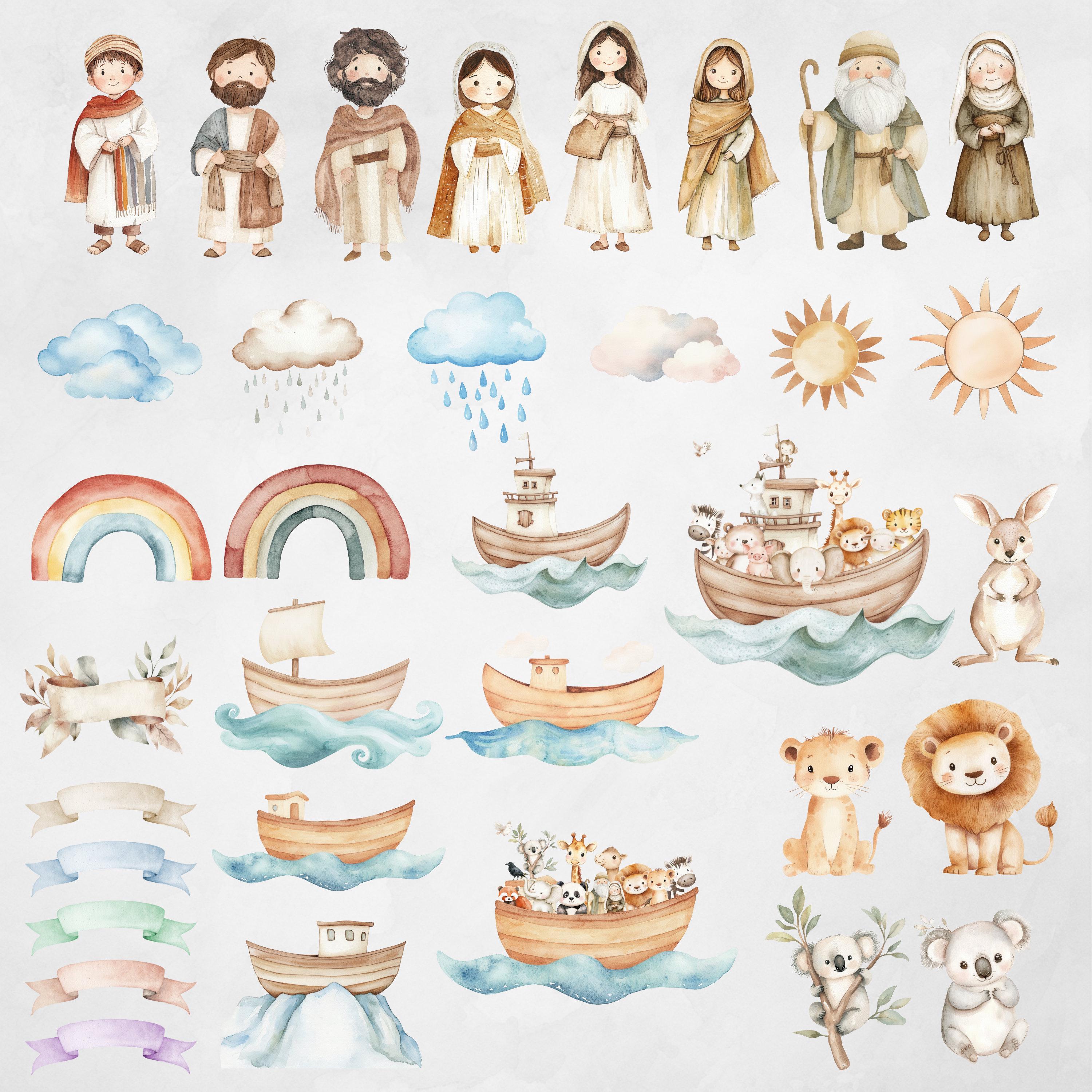 Noah's Ark Clip Art Bundle, Watercolor Biblical Animal Nursery Art ...
