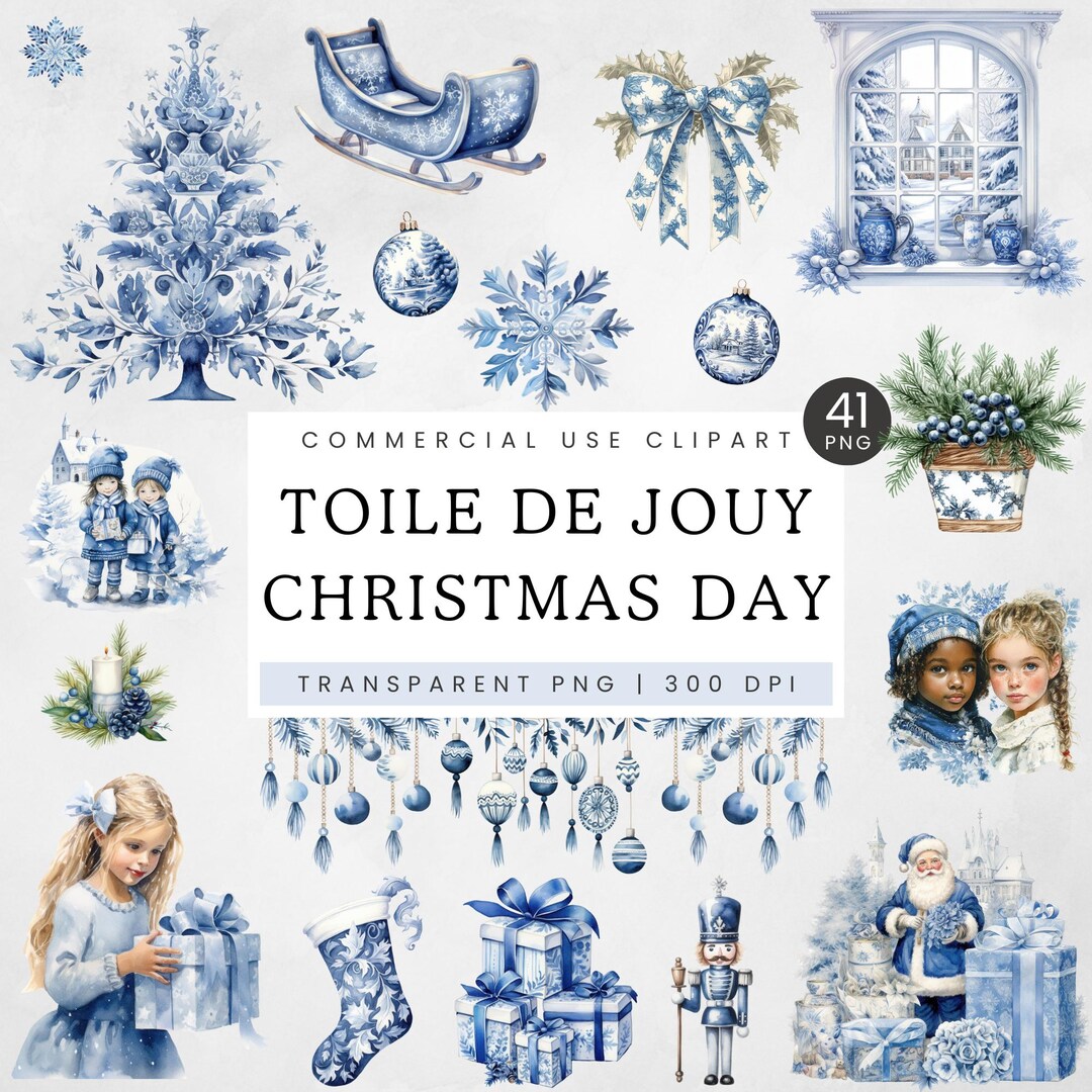 Christmas Toile Clipart, Grandmillennial Xmas Day PNG, Blue and White ...