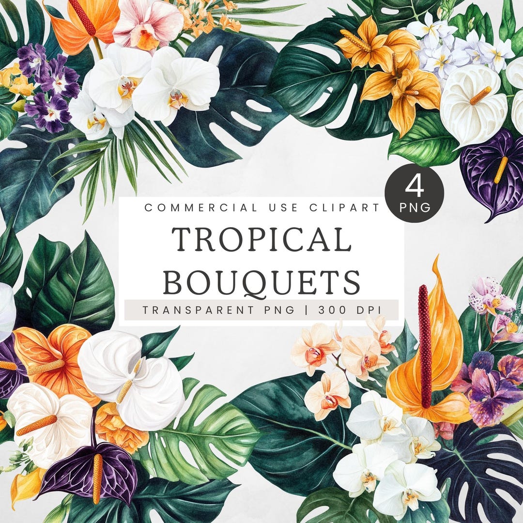 Tropical Floral Clipart, Bird of Paradise Watercolor Flowers Clip Art ...