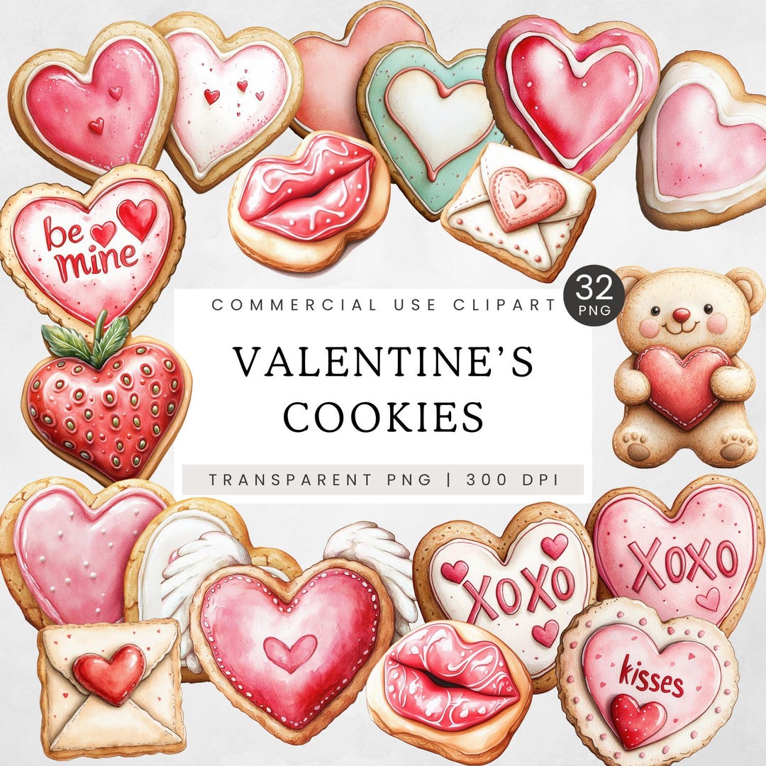 Valentine's Day Cookies Clipart, Cute Watercolor Valentine Graphics ...