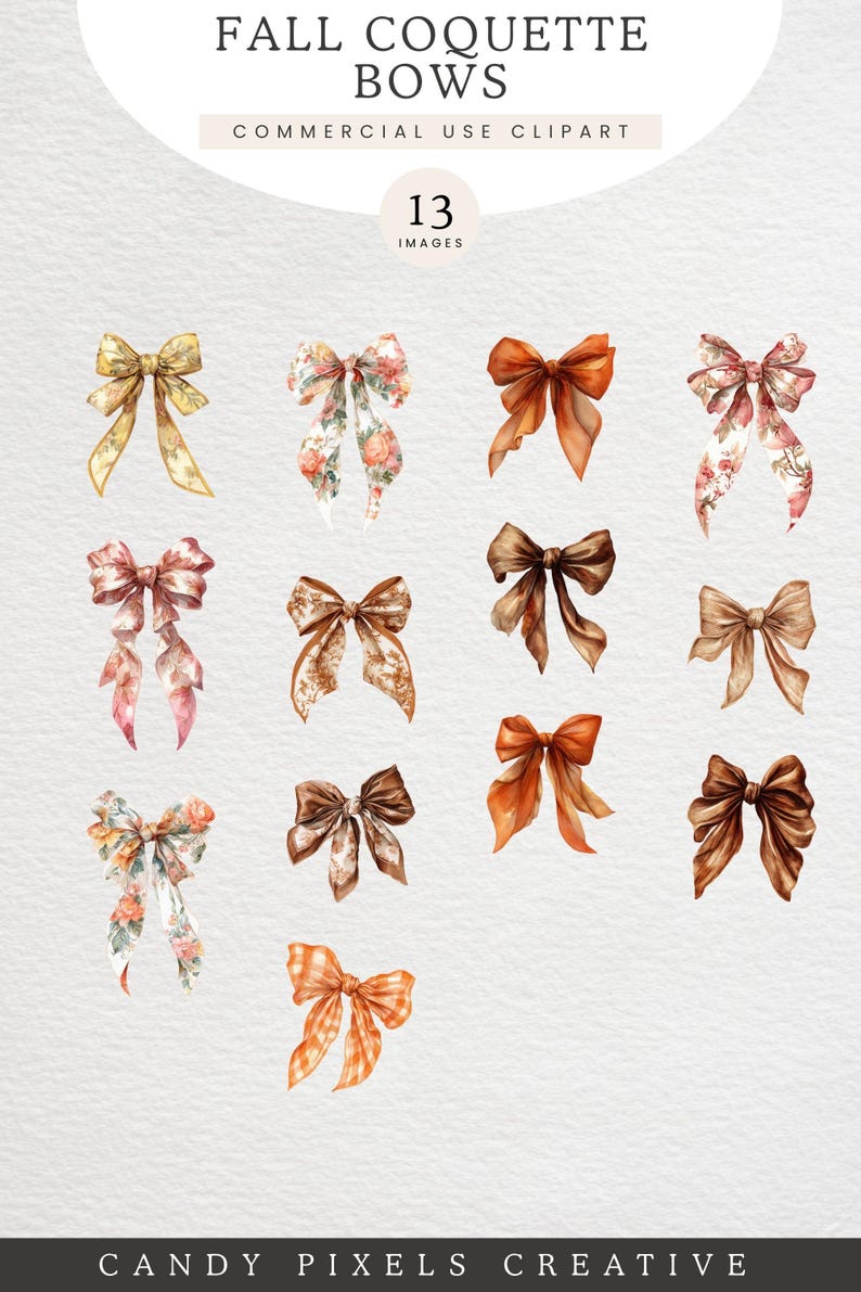 Fall Coquette Bows Clipart, Autumn Hair Ribbons Clip Art, Romantic Bows ...
