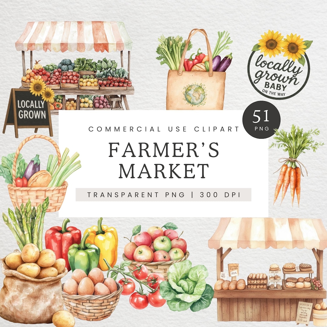 Watercolor Farmers Market Clipart, Locally Grown Clip Art, Farmers ...