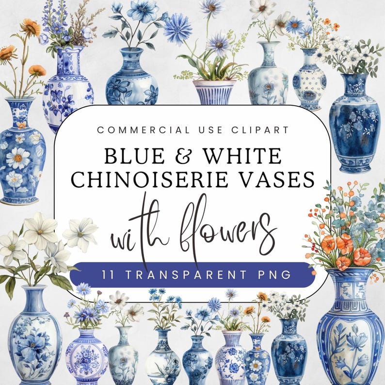 Chinoiserie Vase Clipart Bundle, Watercolor Chinoiserie Ginger Jar Clip ...