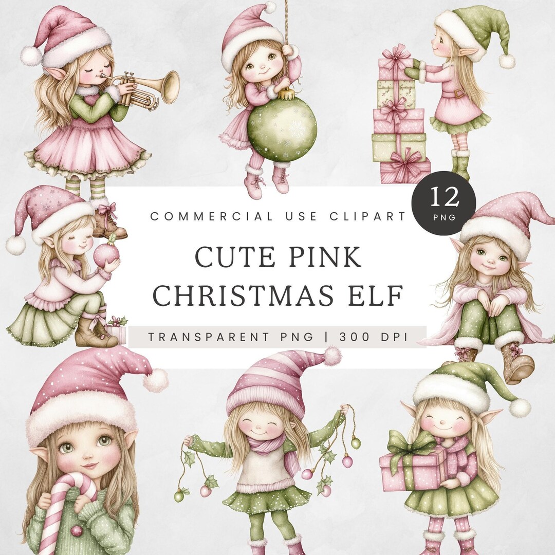 Pink Christmas Elf Clipart, Cute Xmas Elf Girl PNG, Holiday Watercolor ...