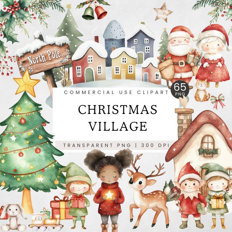 Santa's Village Clipart, Christmas Watercolor PNG, Cute Xmas Santa ...
