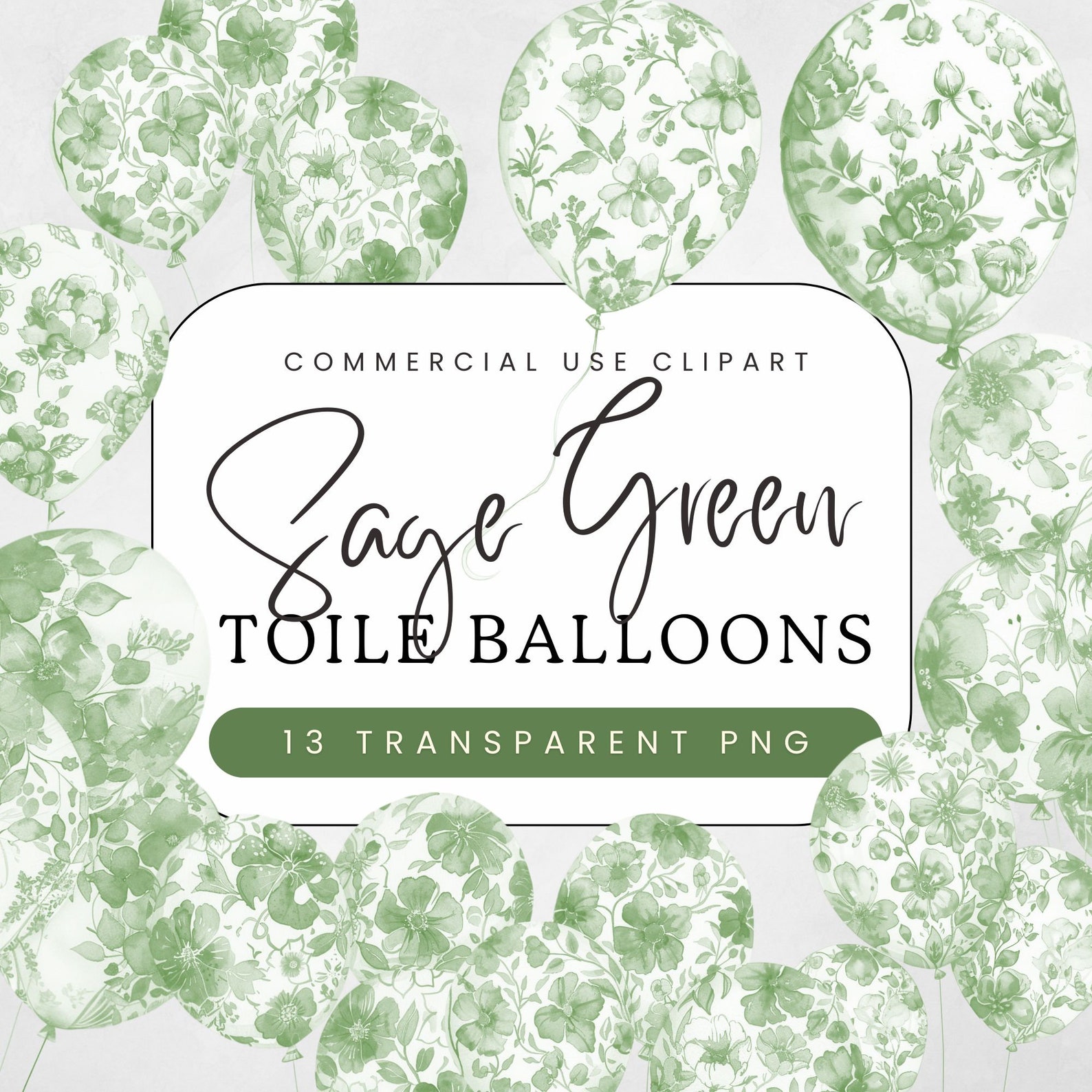 Sage Green Toile Balloons Clipart Pack | Baby Shower Toile De Juoy PNG ...