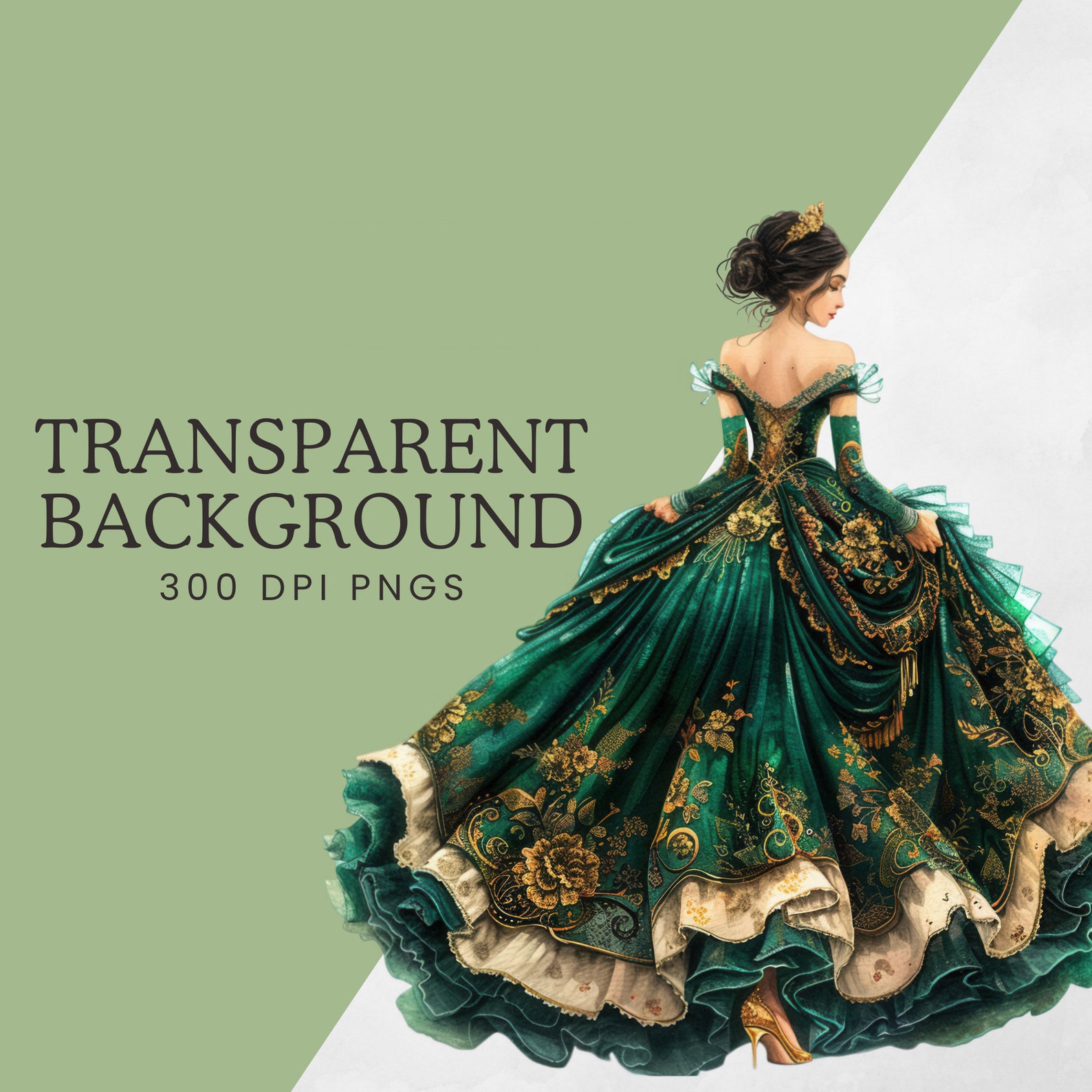 Emerald Green Quinceañera Dress Clipart | Hunter Green Princess Gown ...