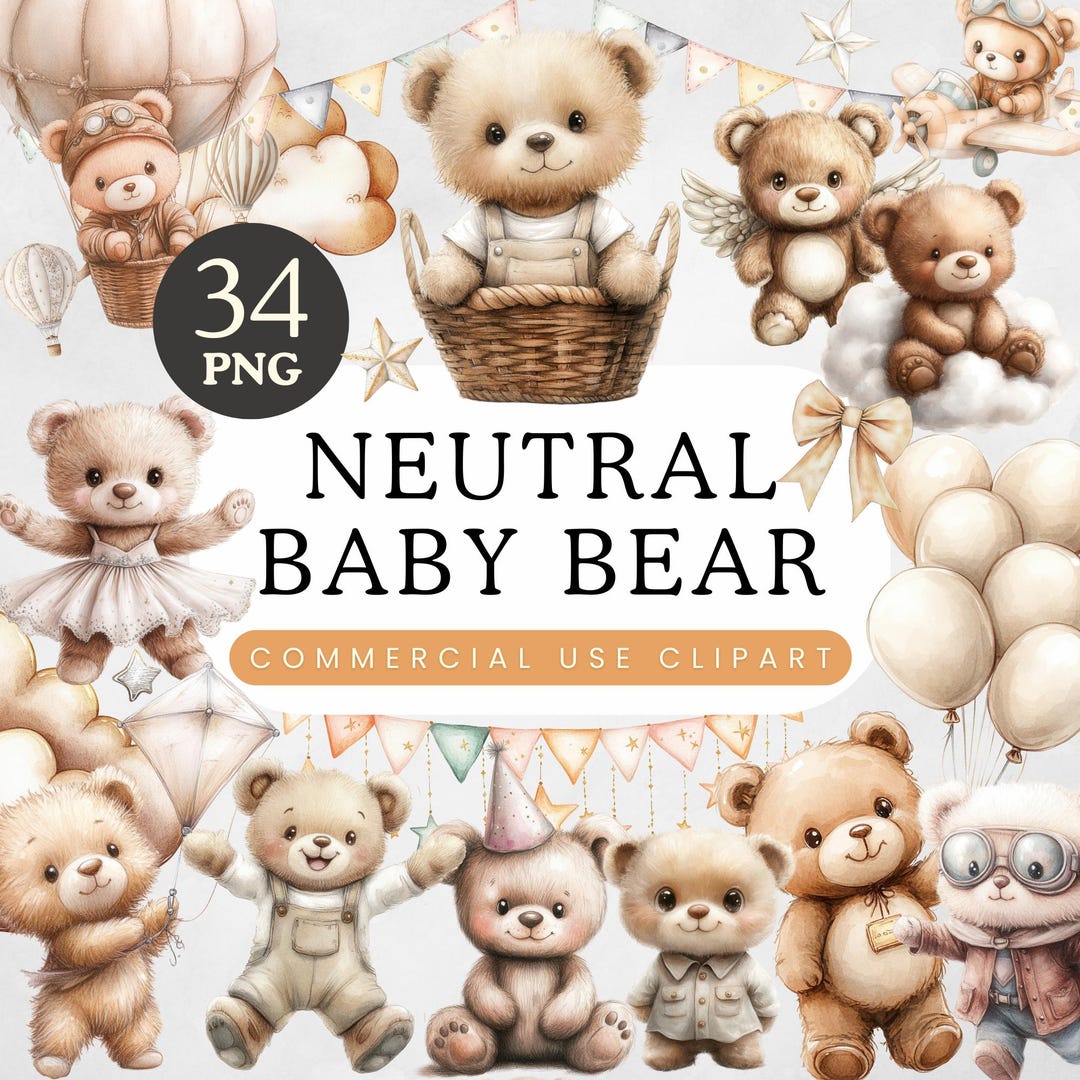 Bear Baby Shower Clipart, Watercolor Baby Shower Teddy PNG, Nursery ...