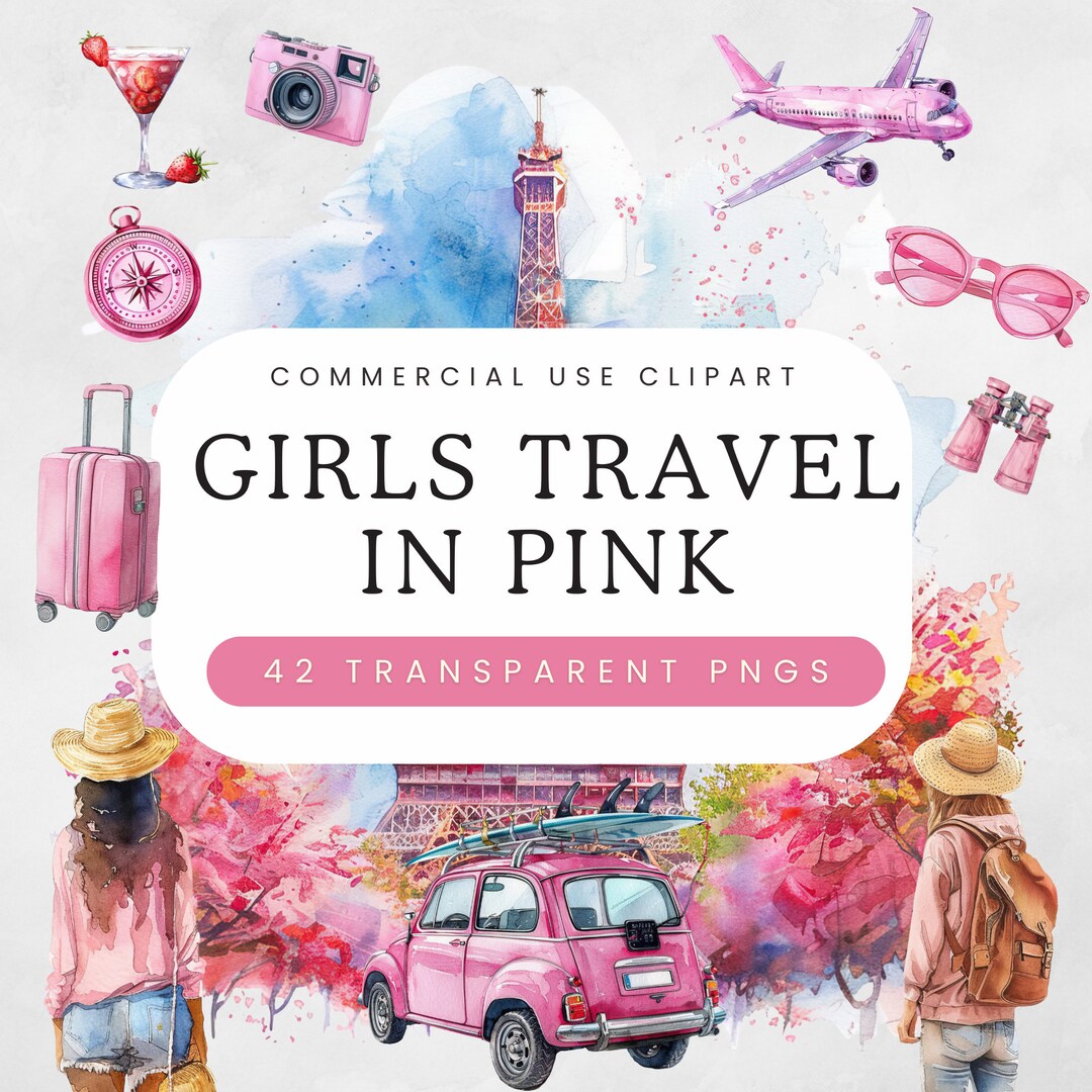 Girls Travel in Pink Watercolor Clipart | Chic Girly PNG | Digital ...
