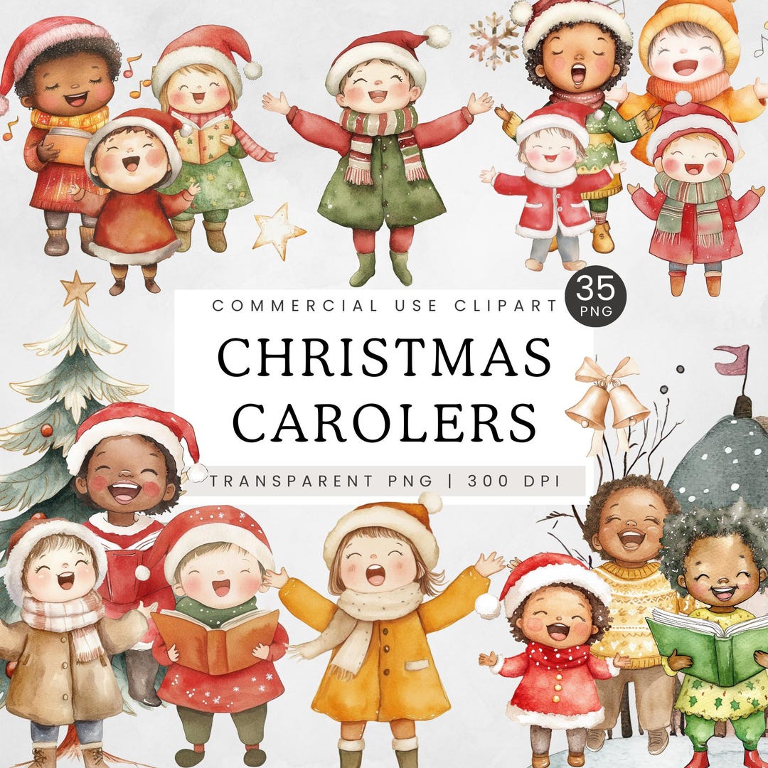 Clipart Christmas Carolers PNG, Watercolor Kids Singing Clip Art ...