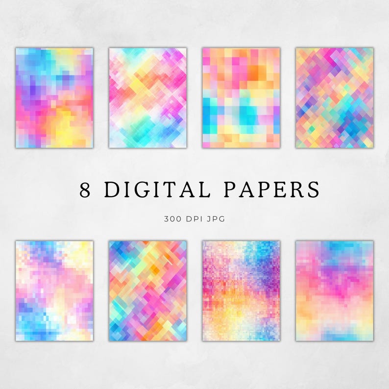 Pixelated Pastel Rainbow Background JPEG Pack Digital Paper 8.5 X 11 ...