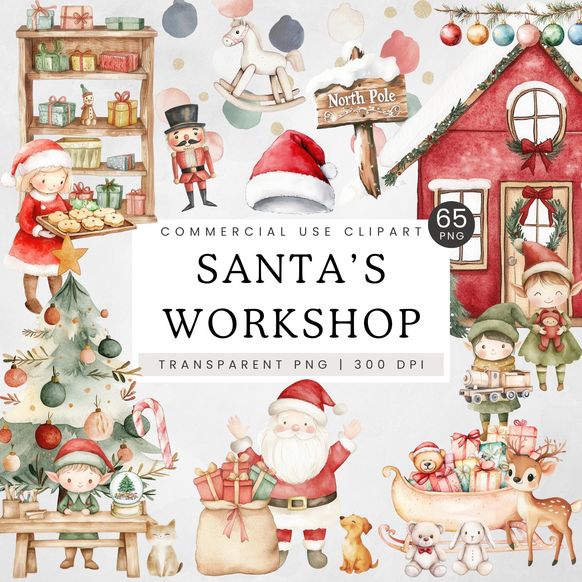 Santa Workshop Clipart, Christmas Watercolor PNG, Xmas Santa Claus ...