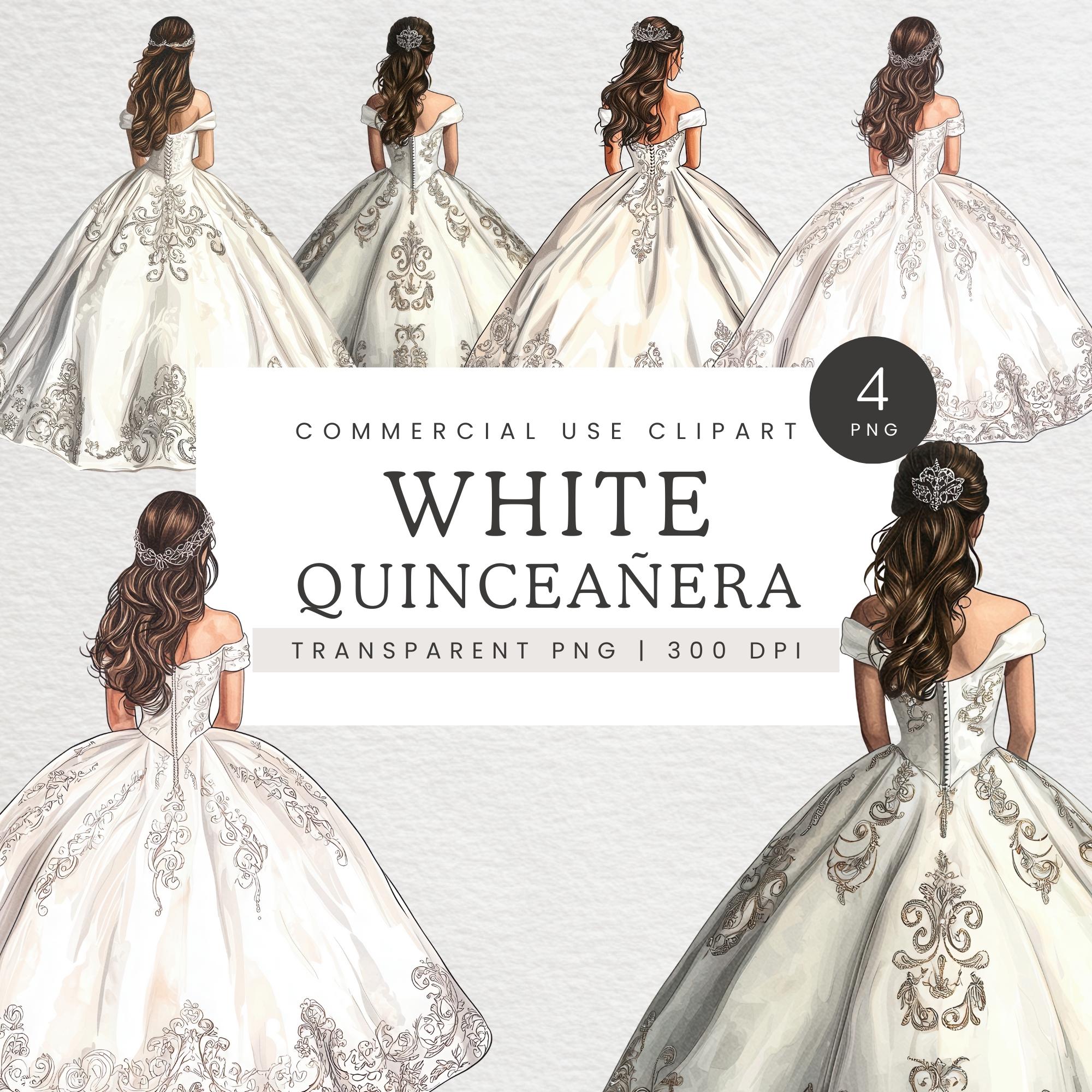 White and Silver Quinceañera Dress Clipart, Royal Princess Gown Clip ...