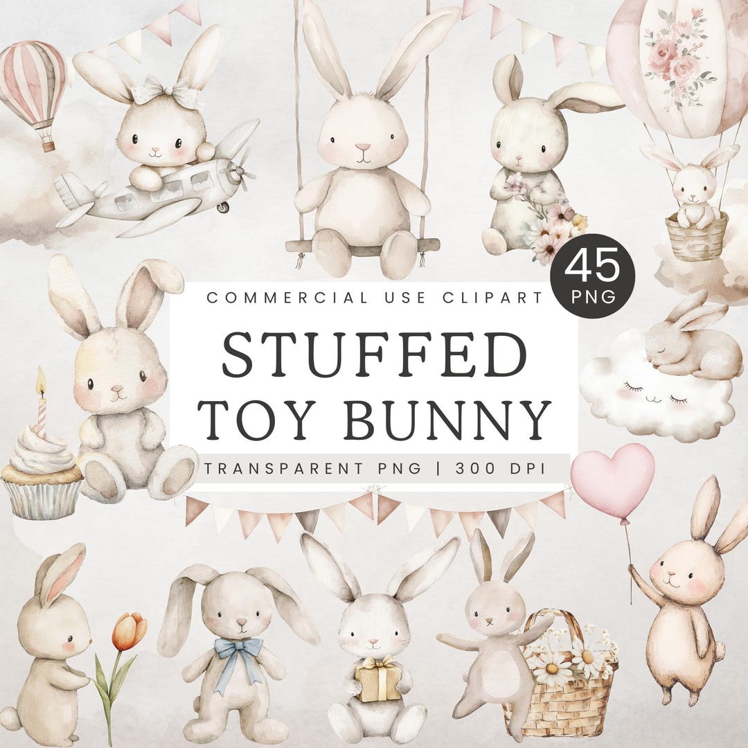 Stuffed Bunny Clipart, Watercolor Rabbit Baby Shower Clip Art, Plush ...