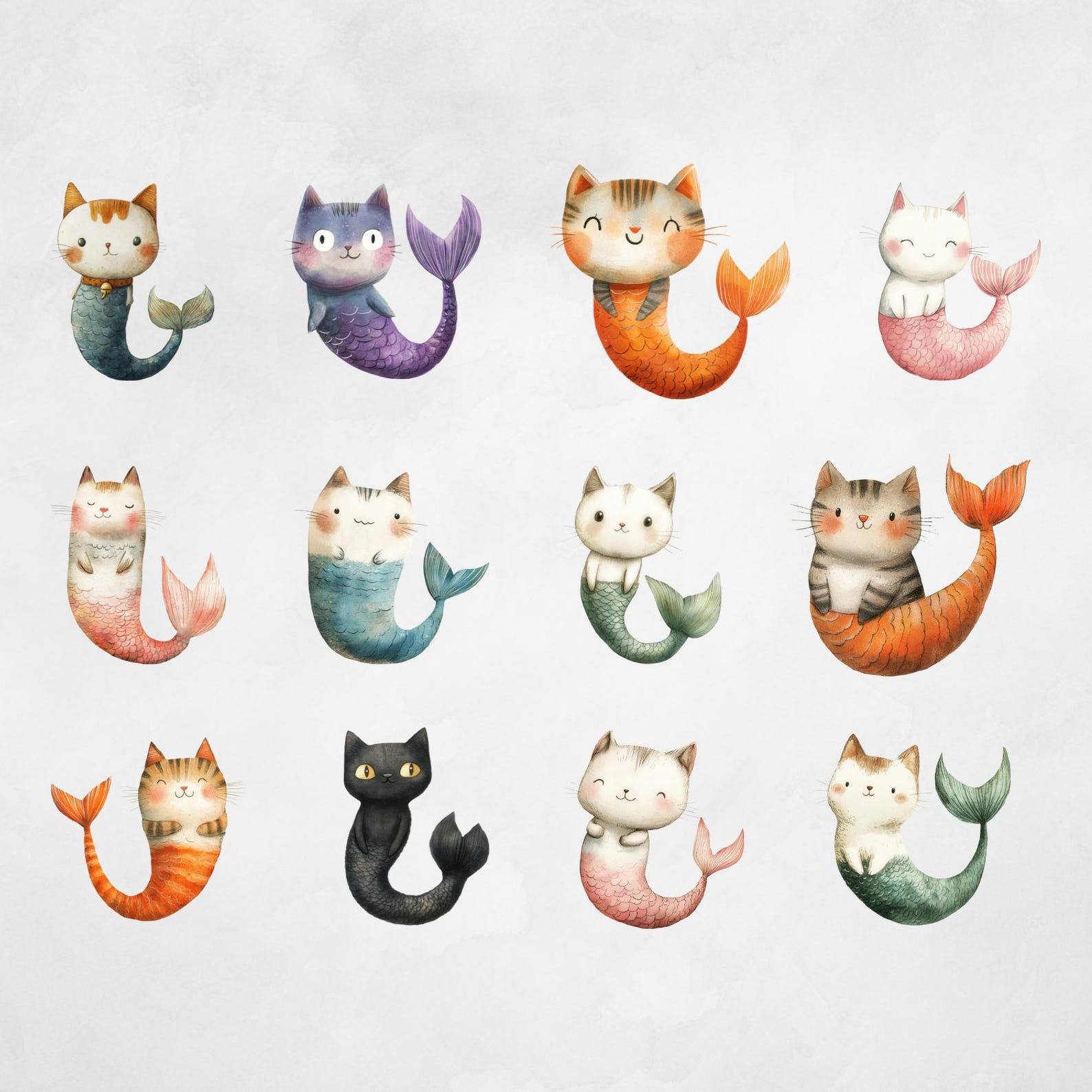 Mermaid Cat Clipart, Watercolor Purrmaid PNG, Kawaii Meowmaid Party ...