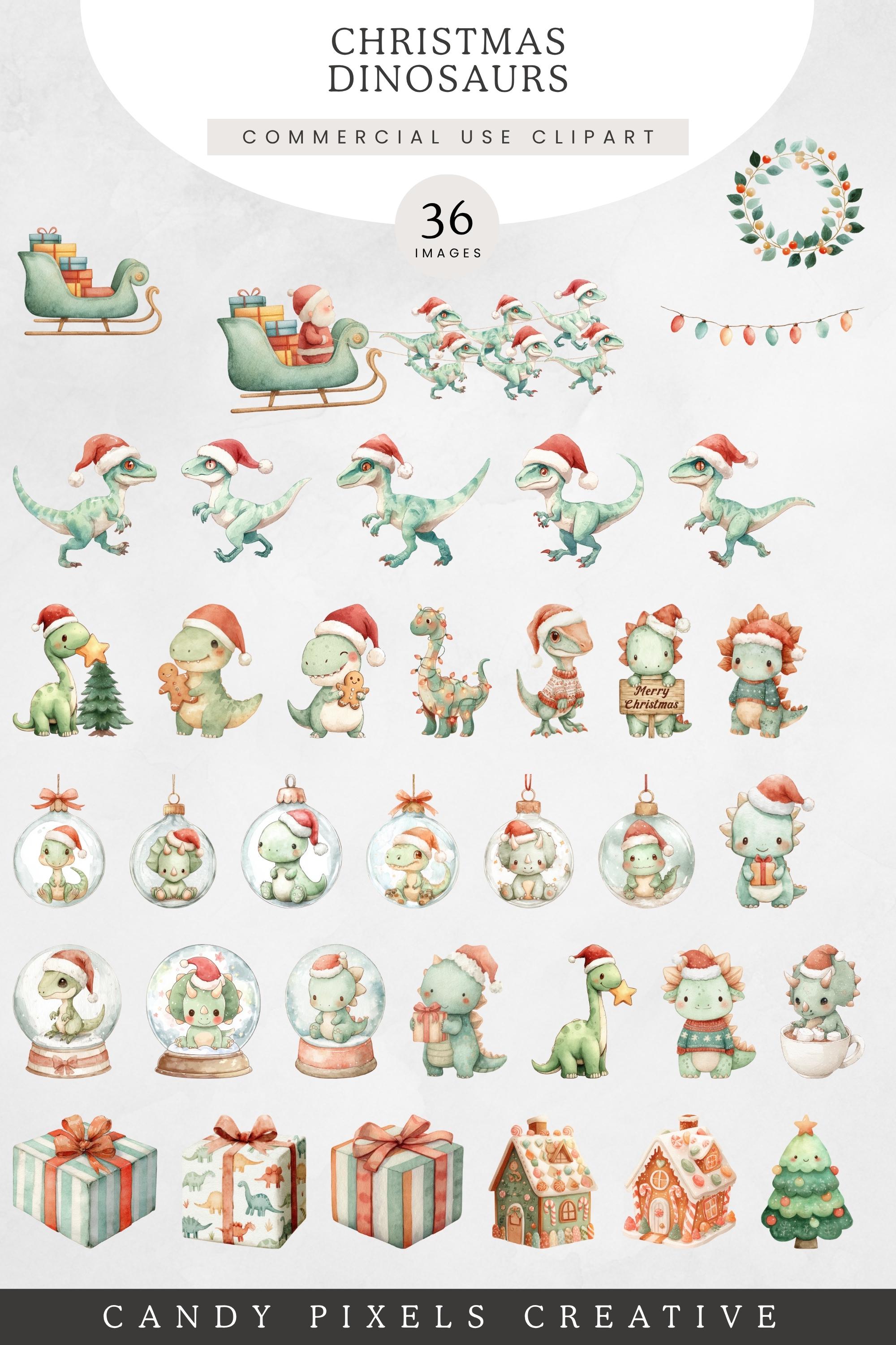 Christmas Dinosaur Clipart Set, Cute Xmas T-rex Pngs With Santa Hats ...