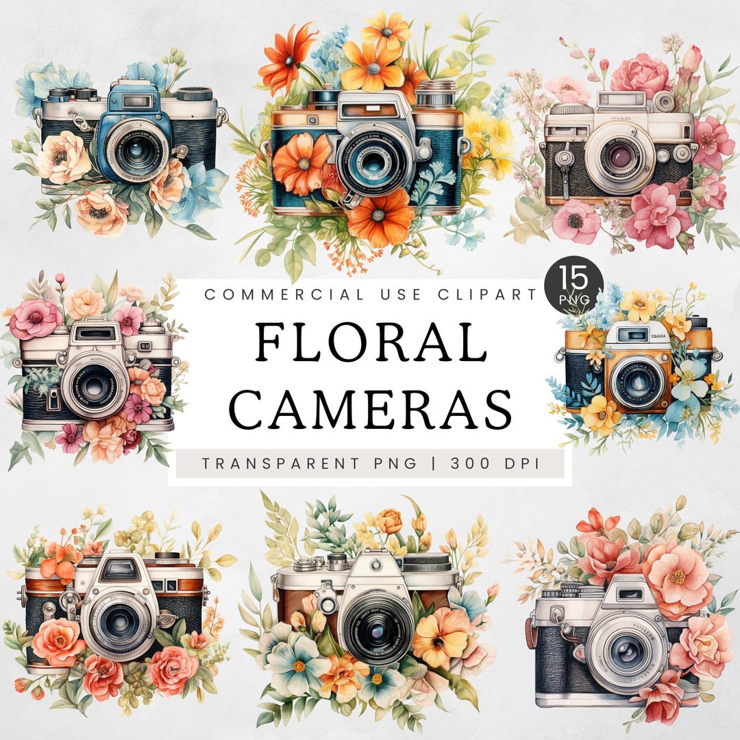 Watercolor Floral Camera Clipart, Retro Vintage Photo Camera Clip Art ...