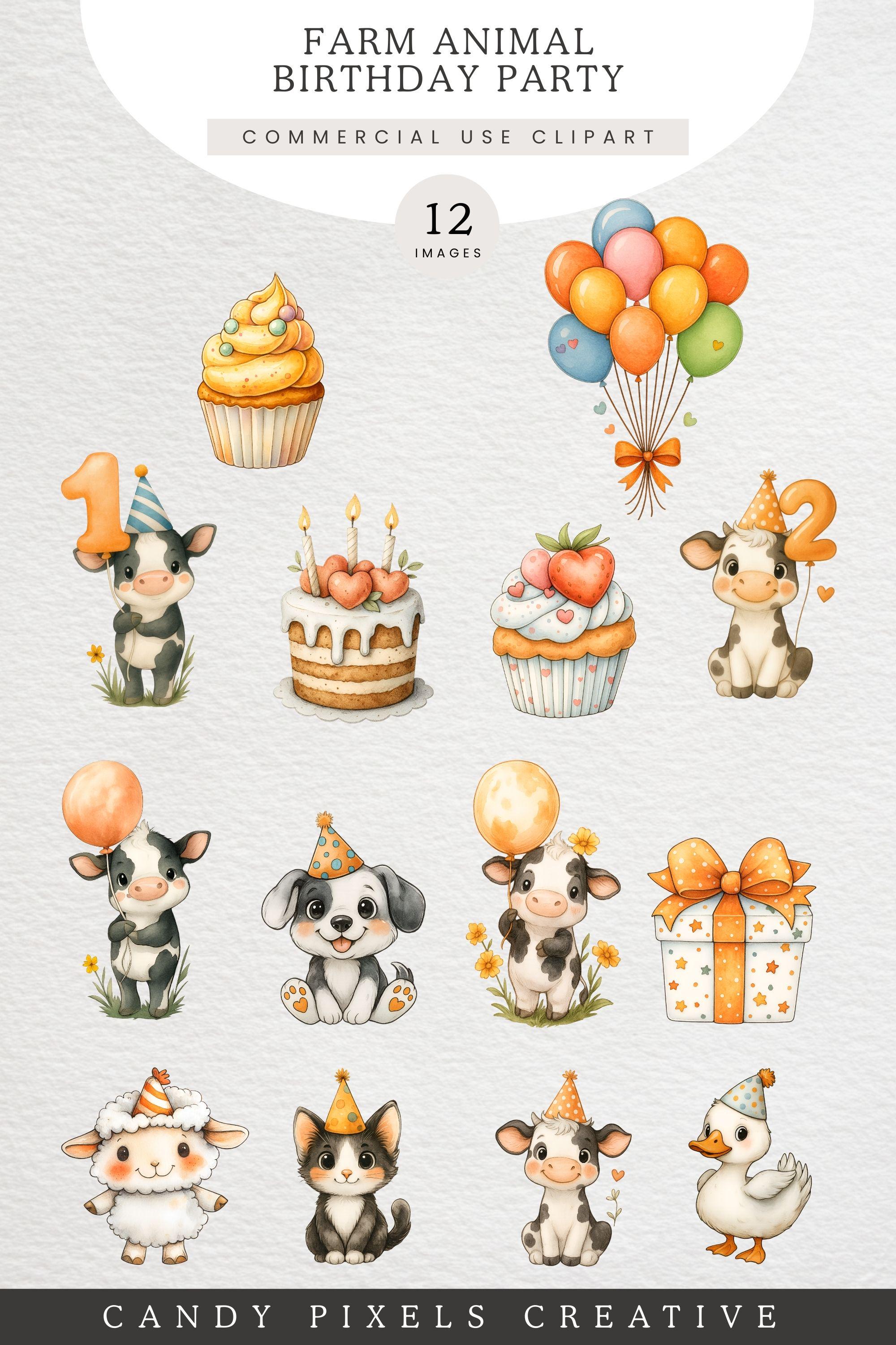 Farm Animal Birthday Clipart, Cute Cow Clip Art, Puppy, Duck, Balloons ...