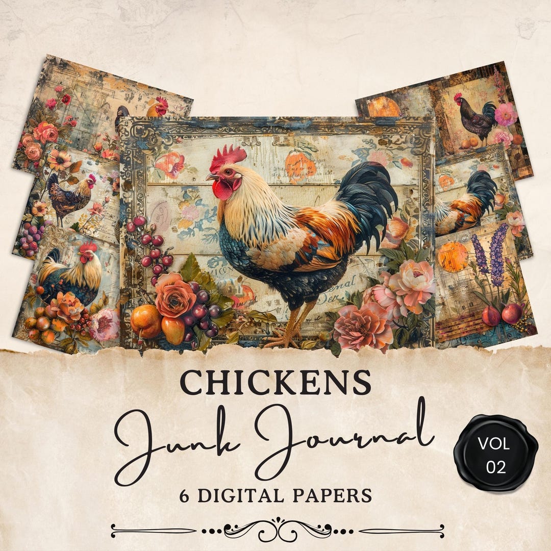 Chicken Junk Journal Printable Papers | 6 Digital Pages | Floral ...