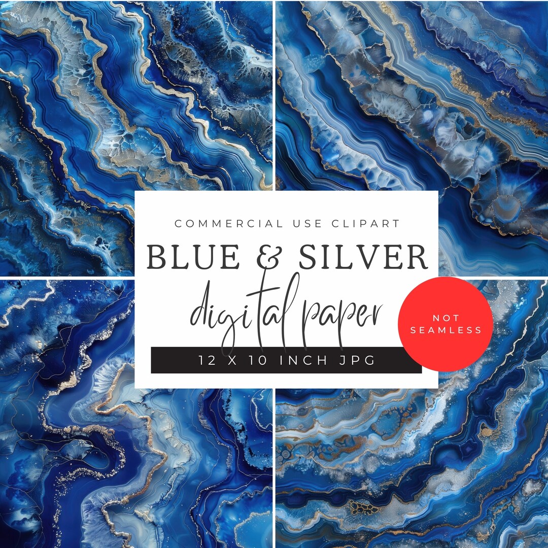 Royal Blue and Silver Agate Digital Papers | Geode Crystal Background ...