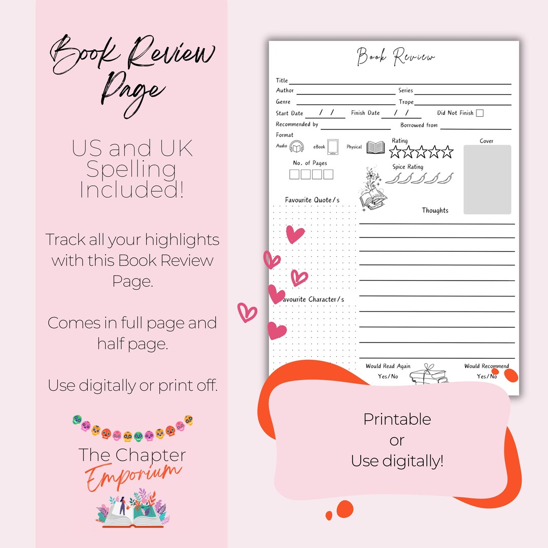 Book Review Template Printable, Half Page Book Review, Review Page ...