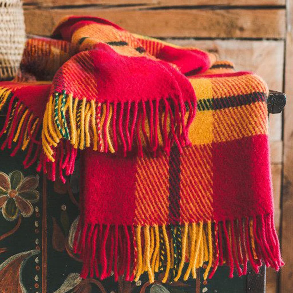 Wool Throw Blanket With Fringes in Tartan Check Red and Yellow - 51x83 ...