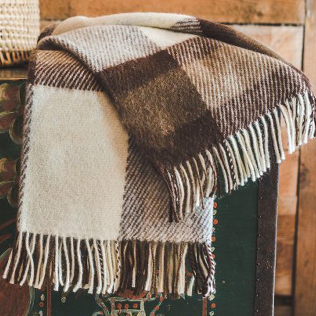 Wool Throw Blanket With Fringes in Tartan Check Beige and Brown - 51x83 ...