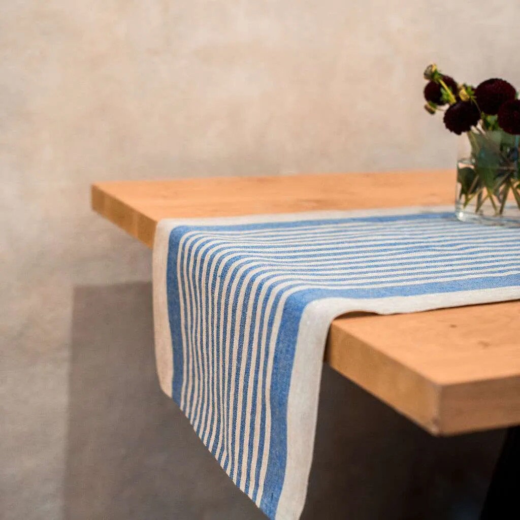 Rustic Linen Table Runner – Blue Thin Stripes. Farmhouse Table Linen ...