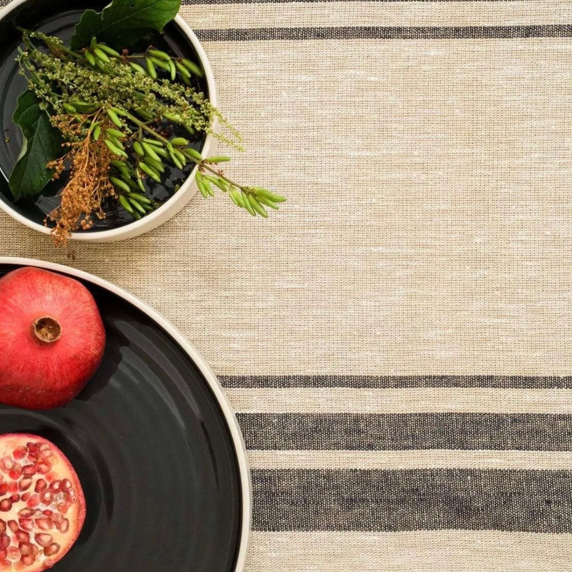 French Style Rustic Linen Table Runner – Black Stripes. Farmhouse Table ...
