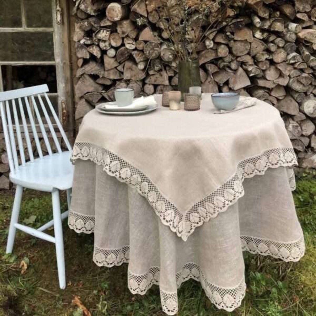 Round Linen Tablecloth With Lace Classic Grey Natural Design. Circle ...