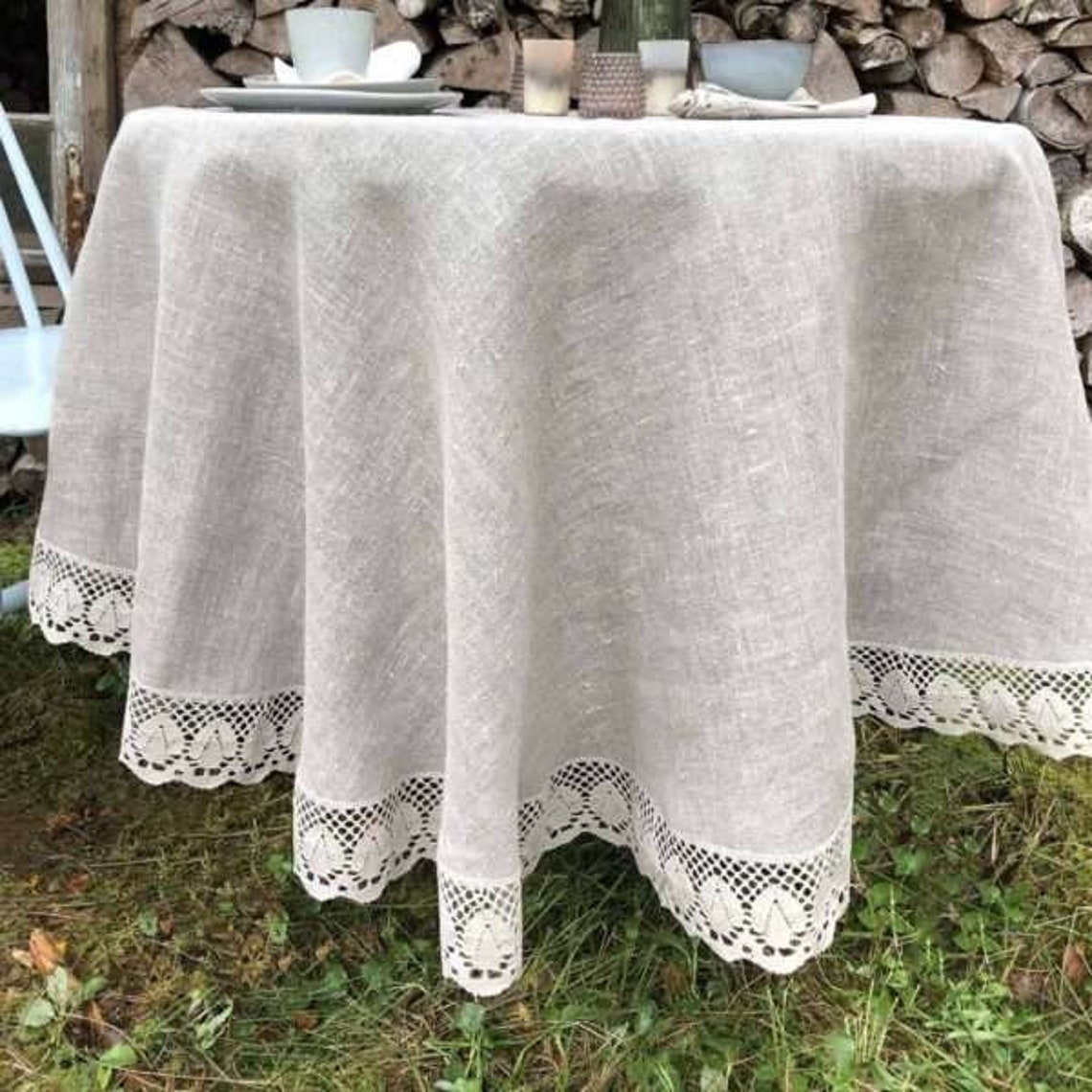 Round Linen Tablecloth With Lace Classic Grey Natural Design. Circle ...