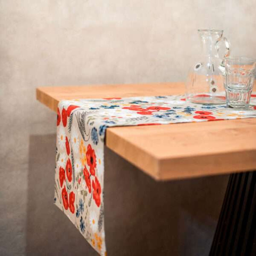 Floral Linen Table Runner, Flowers Print Table Runner, Red Poppies and ...
