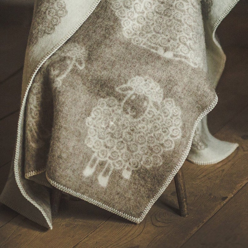 Wool Blanket Throw - Beige and White With Curly Sheep Pattern, (51x79 ...