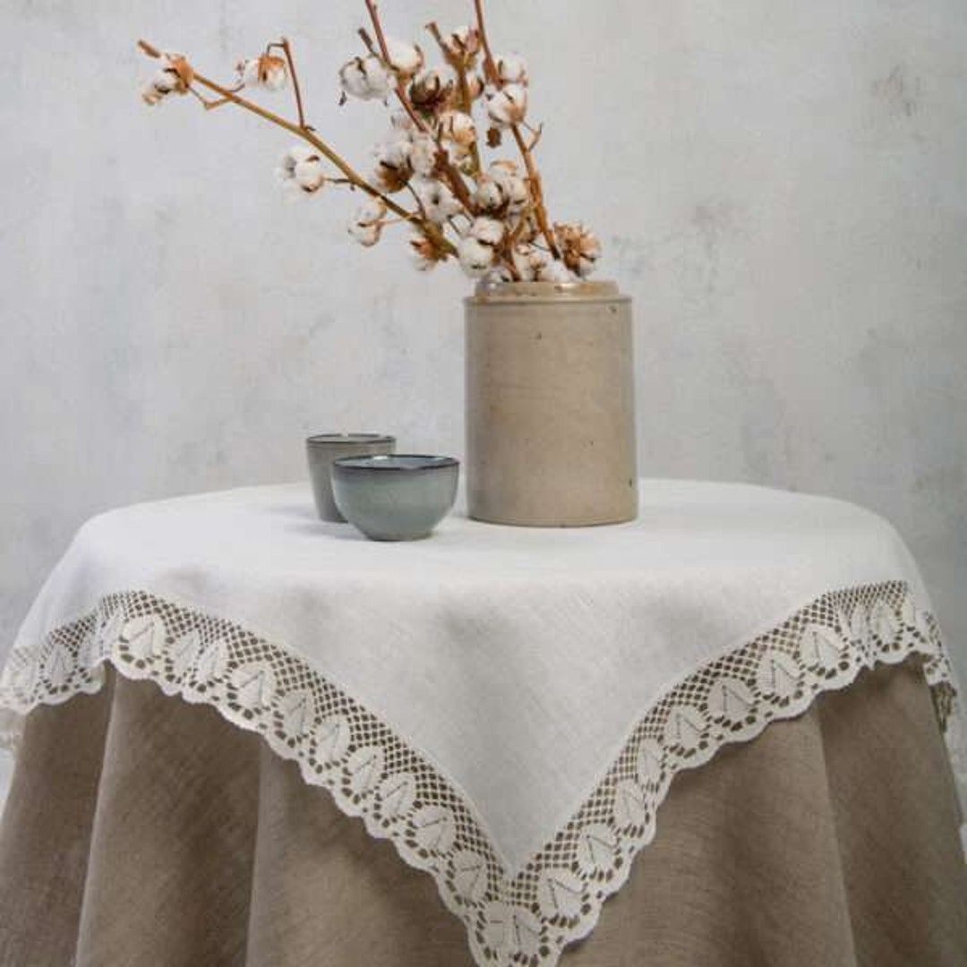 White Linen Tablecloth With White Lace. Rectangle Square Table Cloth ...