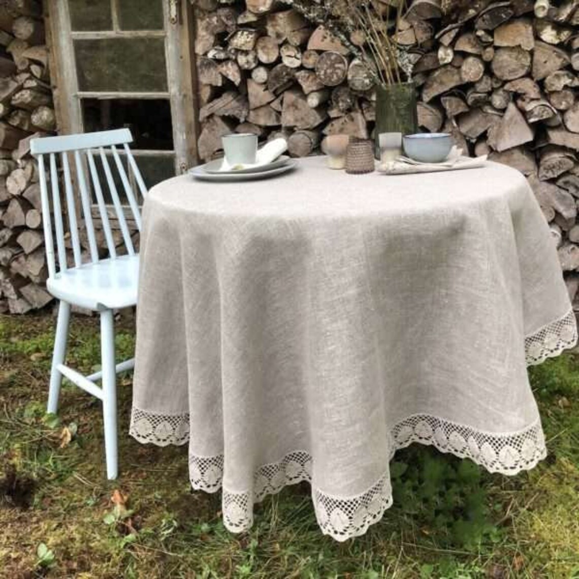 Round Linen Tablecloth With Lace Classic Grey Natural Design. Circle ...