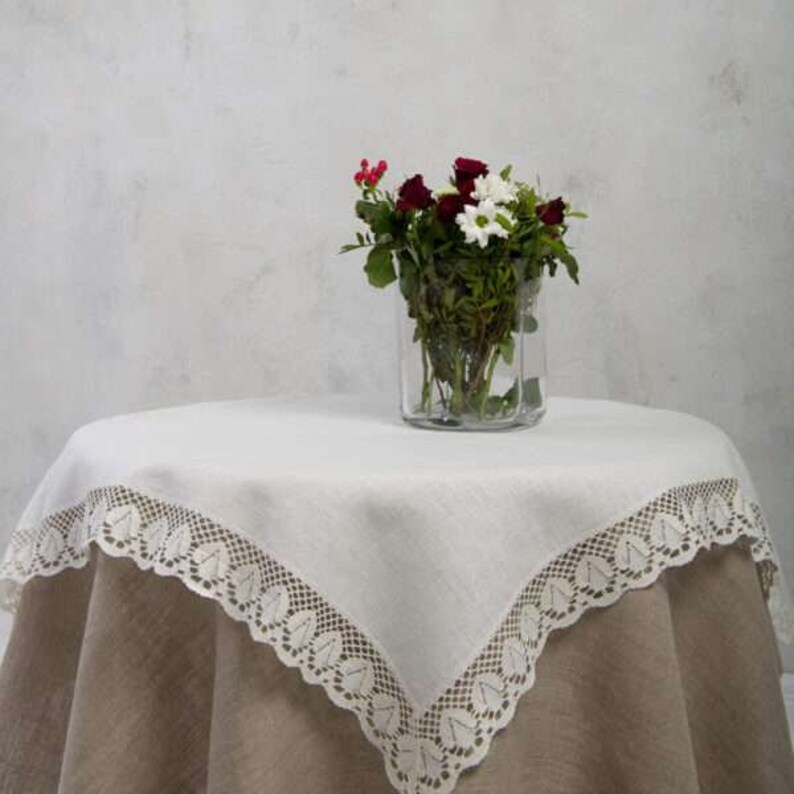 White Linen Tablecloth With White Lace. Rectangle Square Table Cloth ...