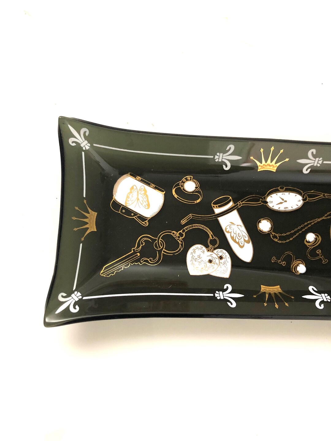 Vintage Glass Dresser Tray With Graphics of Keys Lipstick Watch ...