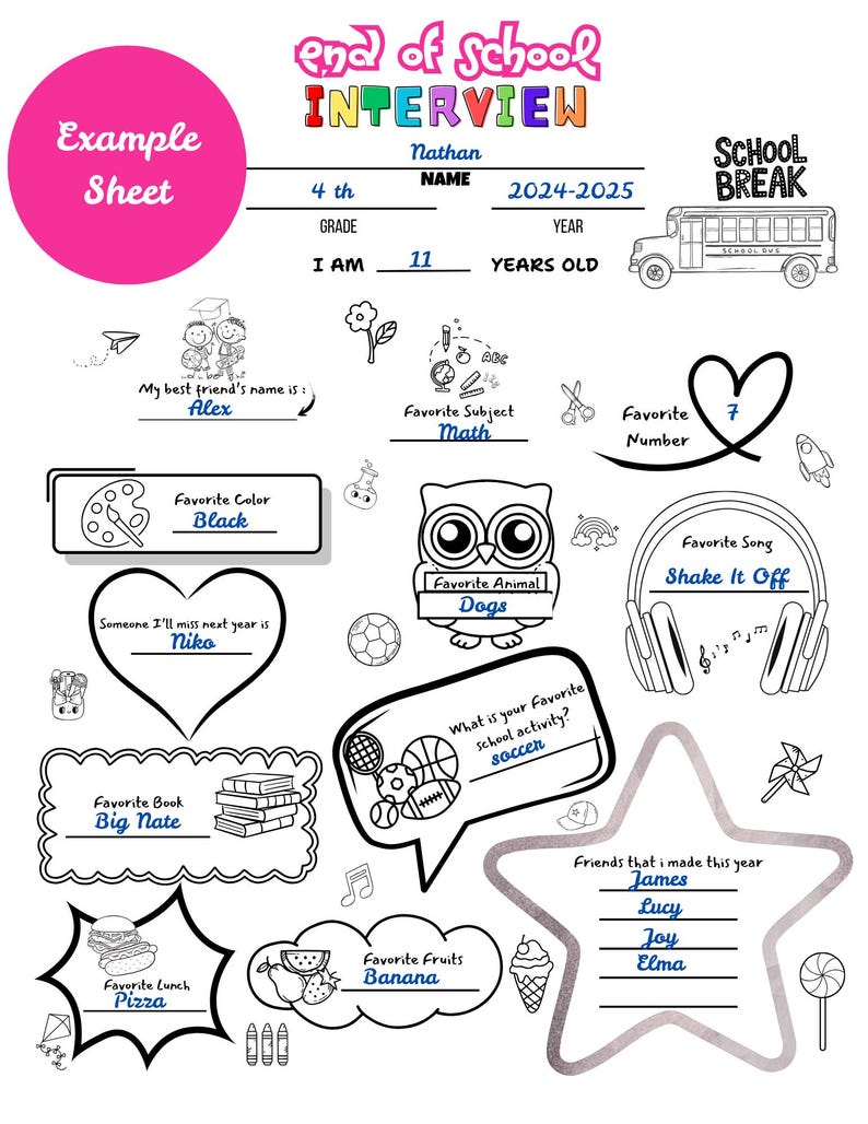 Printable End of School Kids Interview Sheet, Begin Summer, Questions ...