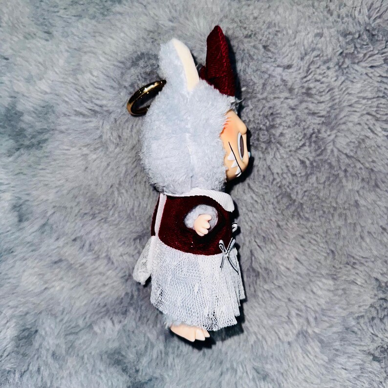 Elegant Labubu Doll Outfit - Maroon & White Lace Dress With Bow ...