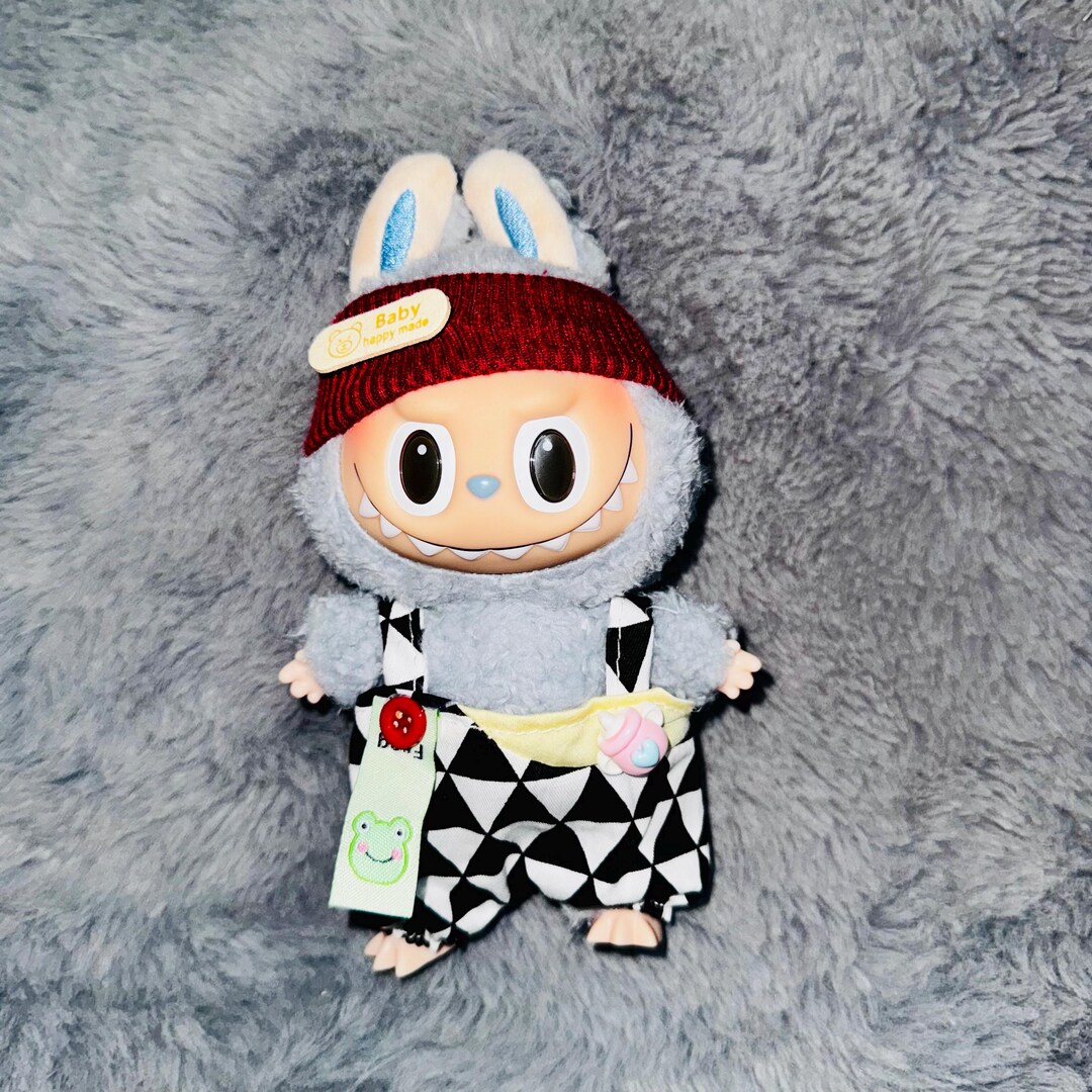 Handmade Labubu Doll Clothes Set: Red Knit Beanie & Checkered Overalls ...