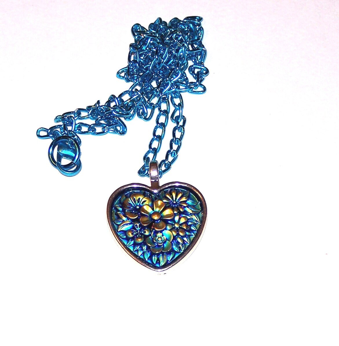 Metallic Blue and Green Floral Heart Pendant With Blue Chain - Etsy