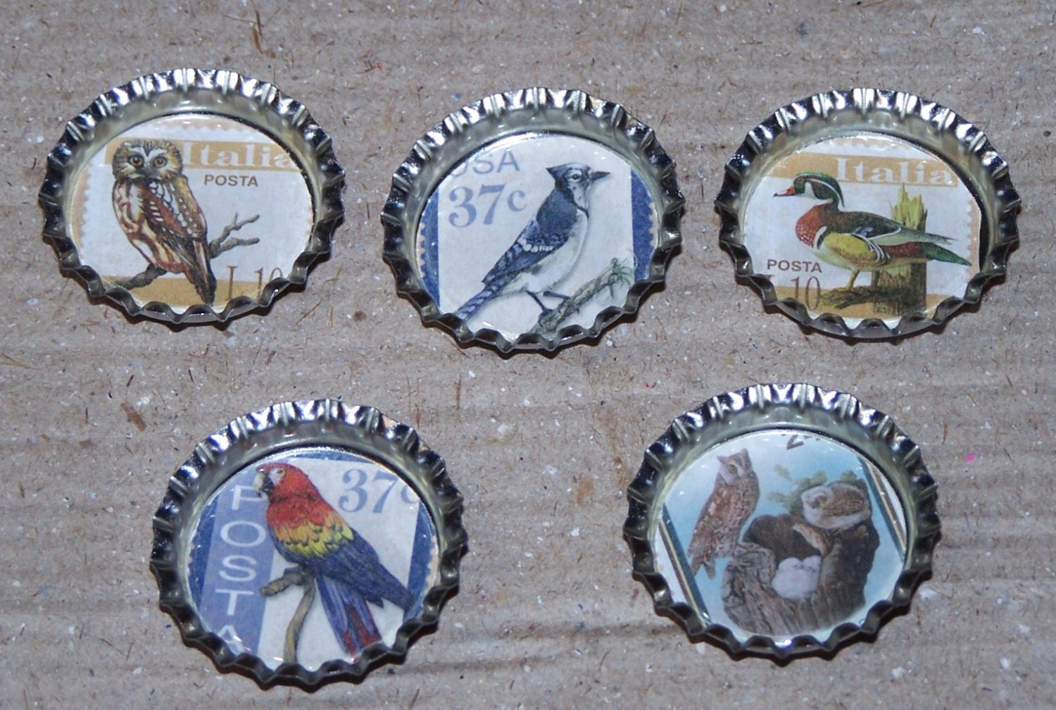 Bird Stamps: Decorative Bottle Cap Thumb Tacks - Etsy