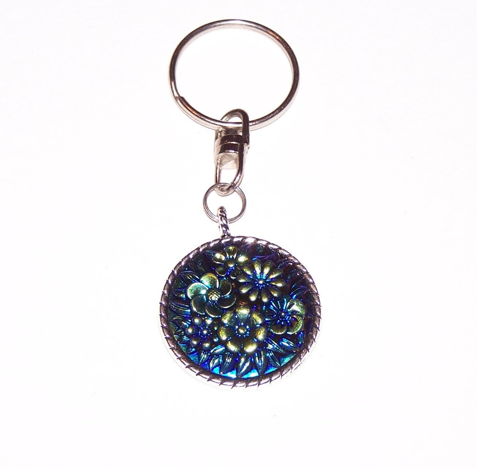 Metallic Blue and Green Floral Key Ring - Etsy