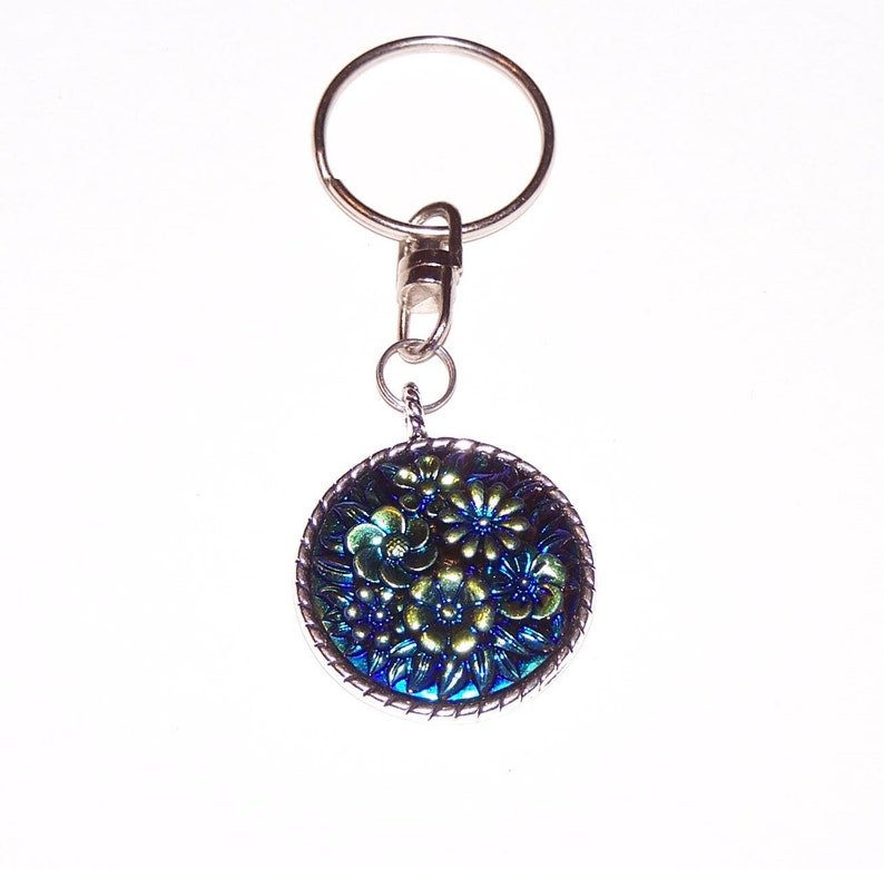 Metallic Blue and Green Floral Key Ring - Etsy