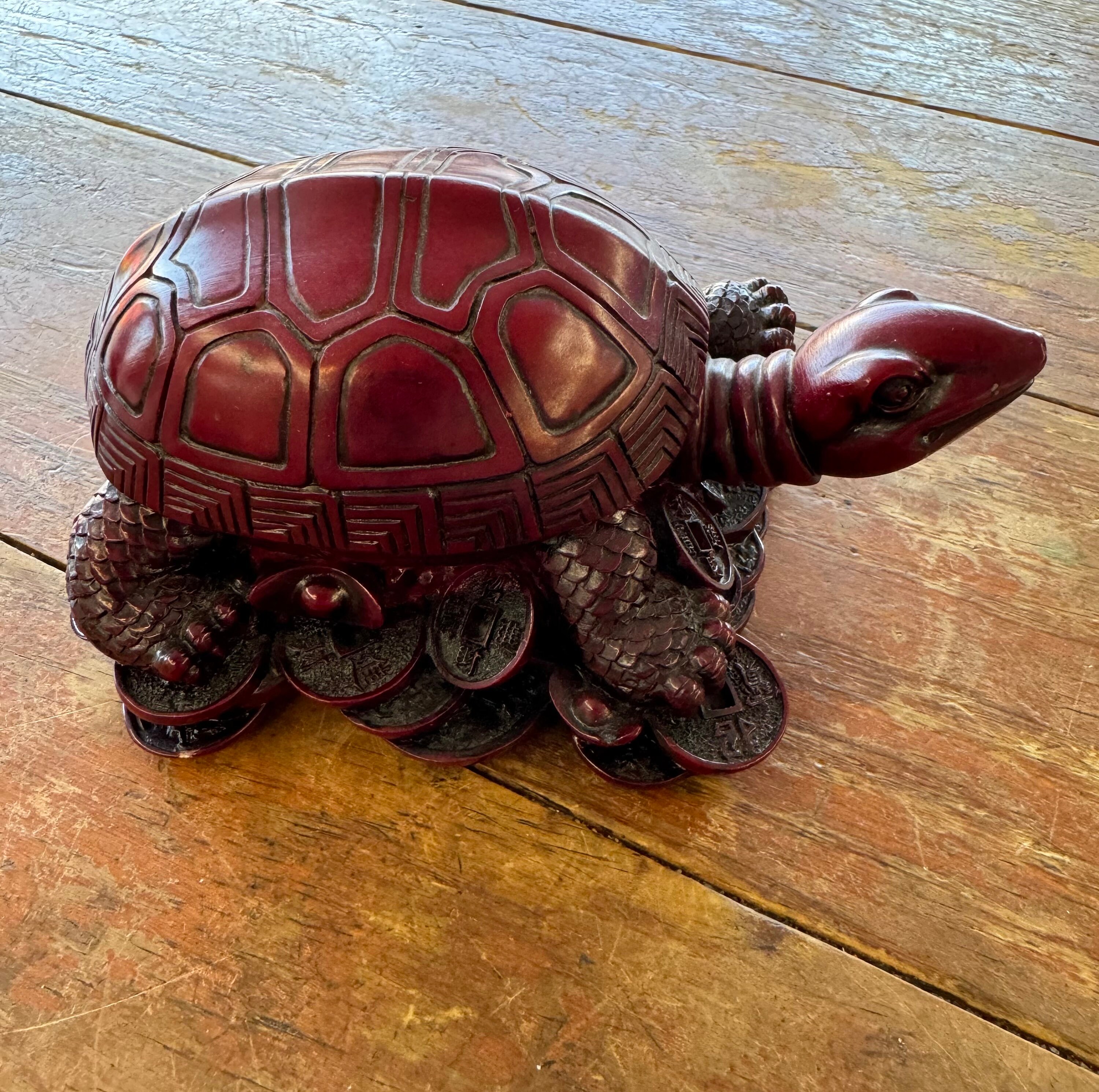 Turtle Red on Stack of Chinese Coins Good Luck Fortune Statue/figurine ...