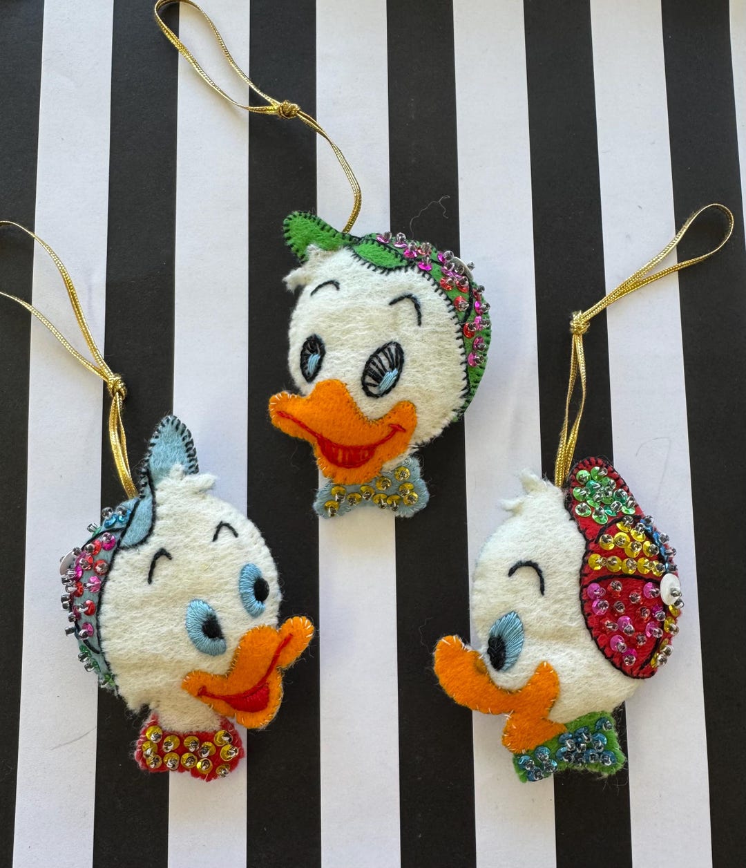 Vintage Felt Sequins Huey Dewey & Louie Ducks Donald Duck Ornaments ...
