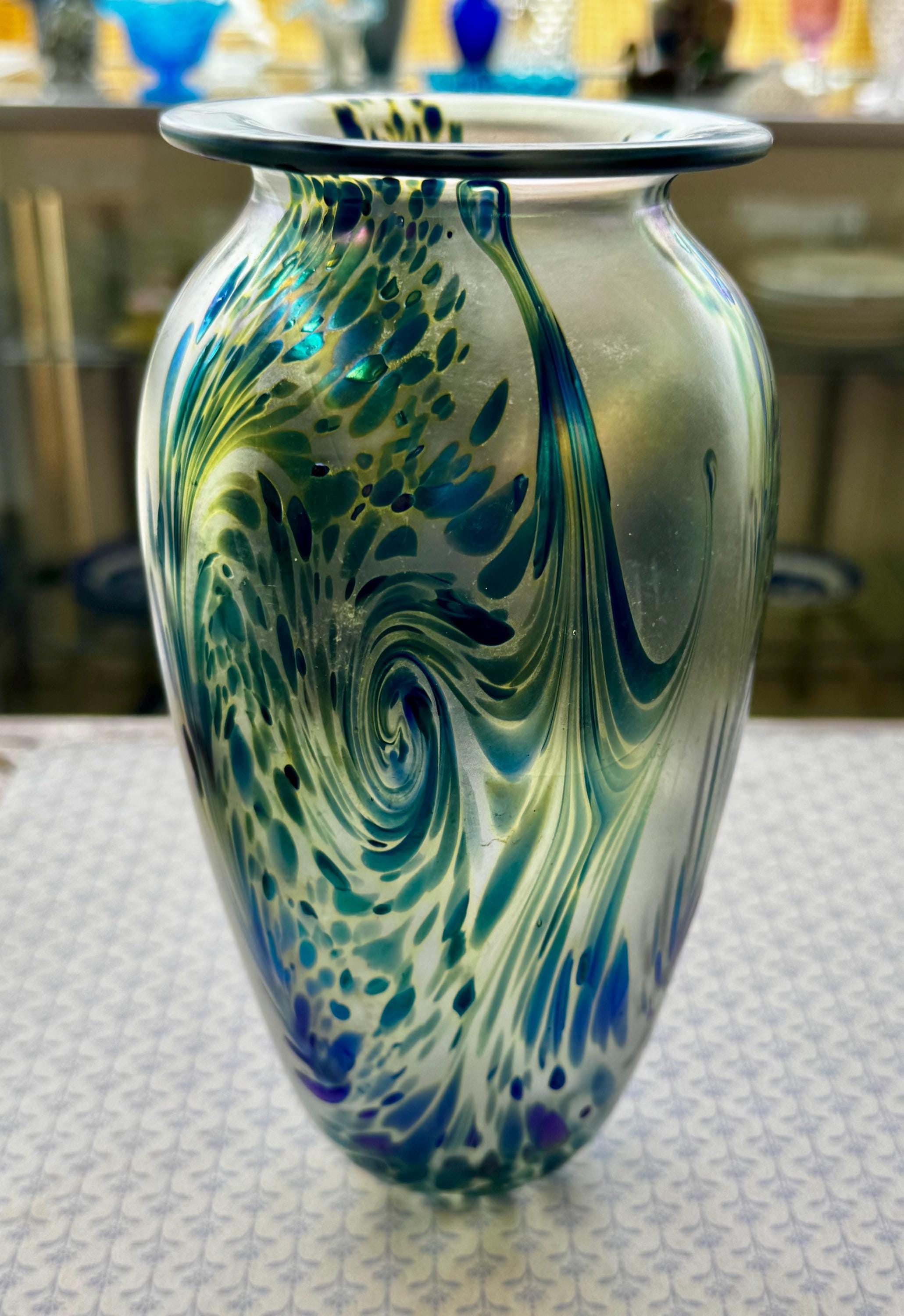 Robert Eickholt Signed 1996 Handblown Irridescent Art Glass Vase Starry ...