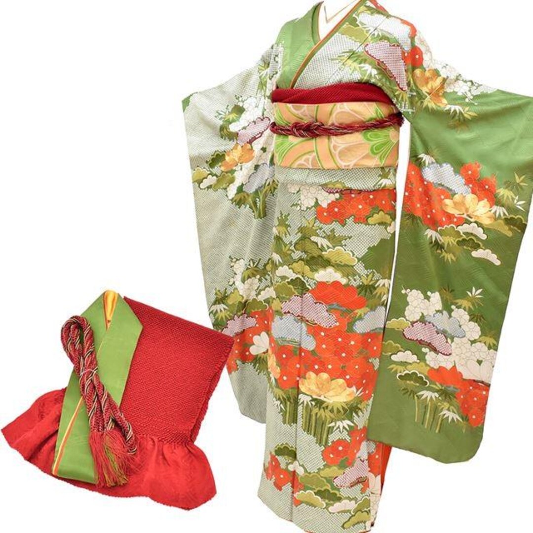 Japanese Silk Kimono Set With Obi Obiage Obijime Juban Green Red ...