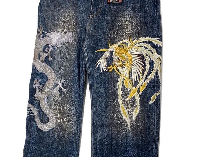 Tangled Soul 絡繰魂 Phoenix & Dragon Embroidered Jeans Yakuza Tattoo ...