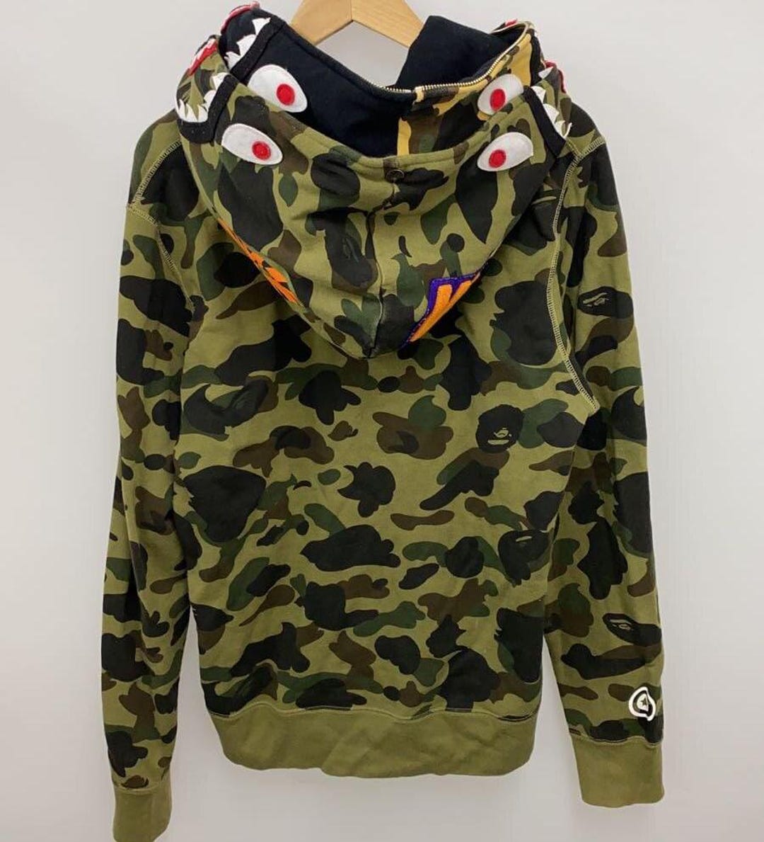 A BATHING APE Large Double Hood Shark Hoodie Khaki Camo Zip Bape ...